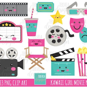 Kawaii MOVIE Clipart, Movie Night Clipart, Girl Movie Party, Commercial ...