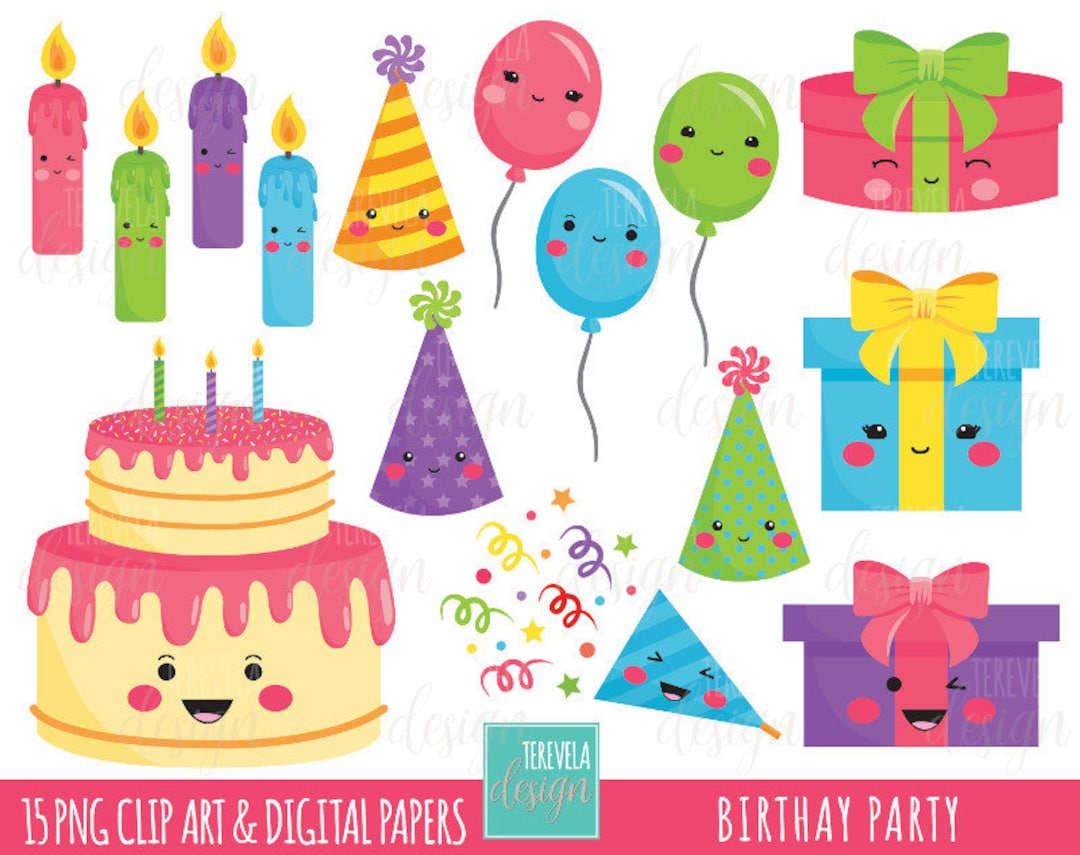 BIRTHDAY Clipart, Party Clipart, Commercial Use, Kawaii Clipart ...
