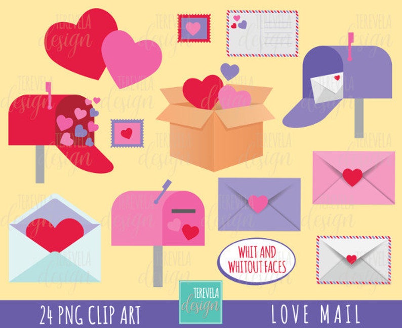 LOVE MAIL Clipart, Kawaii Clipart, Happy Mail Clipart, Commercial Use ...