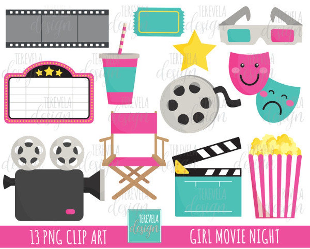 MOVIE Clipart, Movie Night Clipart, Girl Movie Party, Commercial Use ...