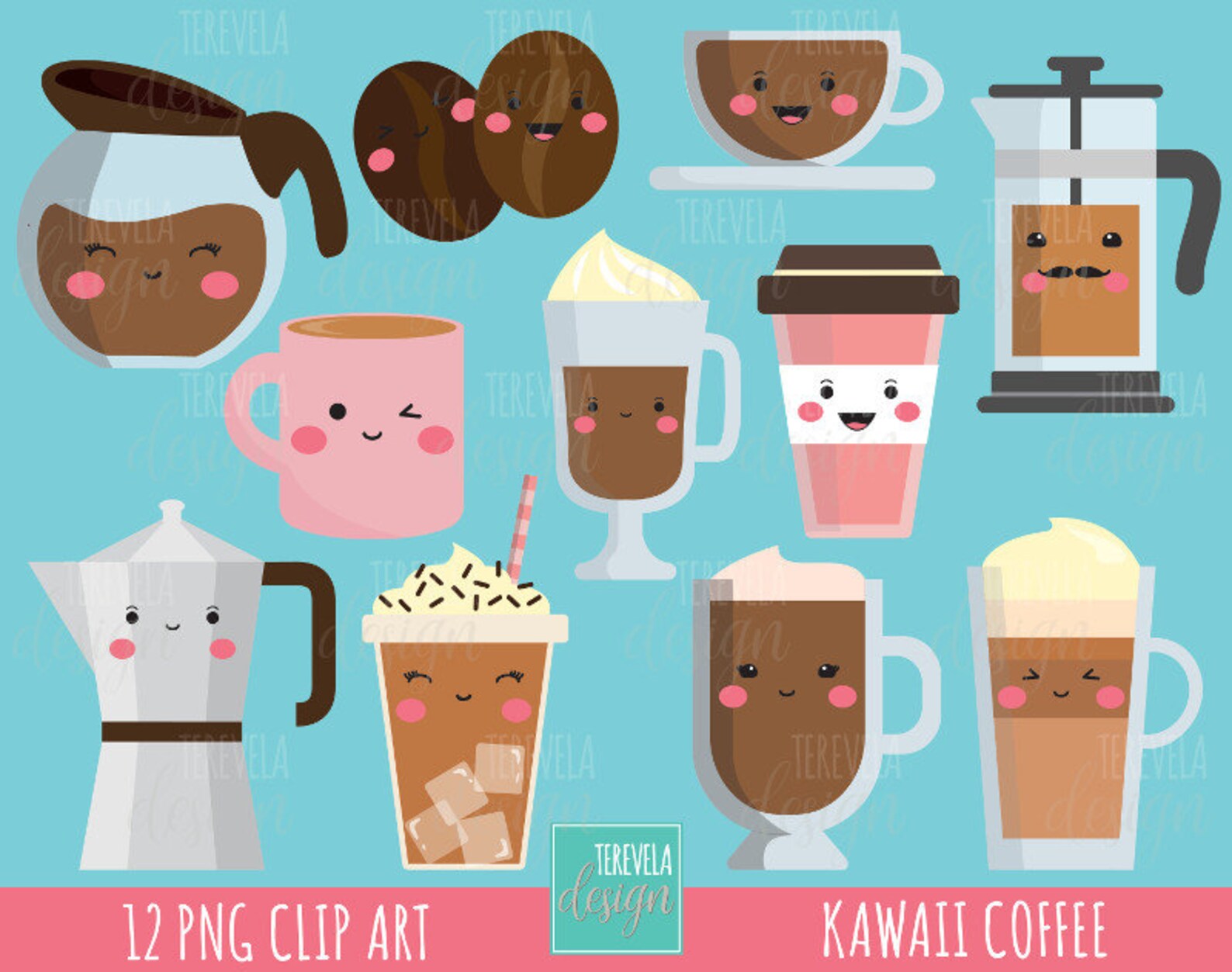 COFFEE Clipart Commercial Use Kawaii Clipart Latte Mug | Etsy