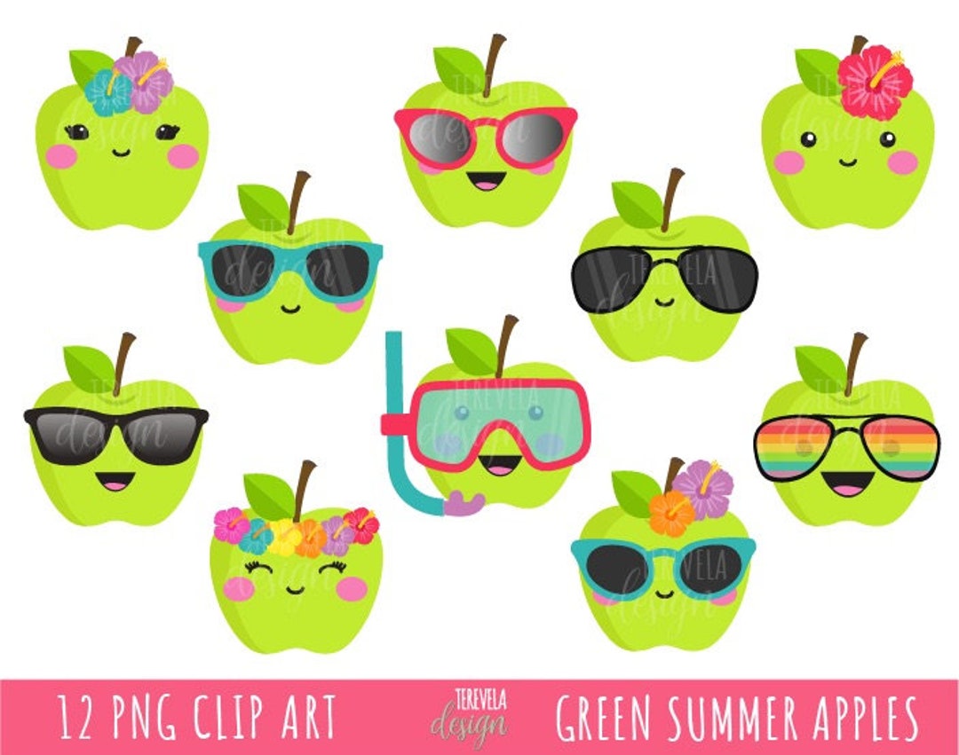GREEN APPLE, Kawaii FRUIT Clipart, Commercial Use, Summer, Summer ...