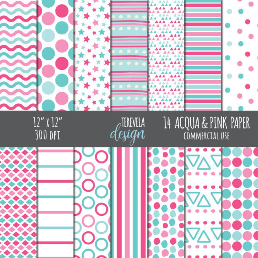 PINK & AQUA Digital Paper, Commercial Use, Digital Paper, Aqua, Pink ...