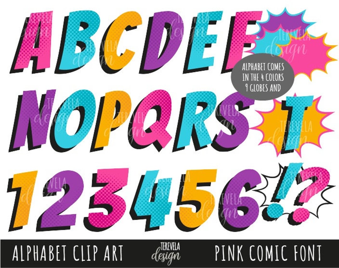 PINK COMIC FONTS Clipart, Super Heroes Alphabet Pink Pop Font, Text ...