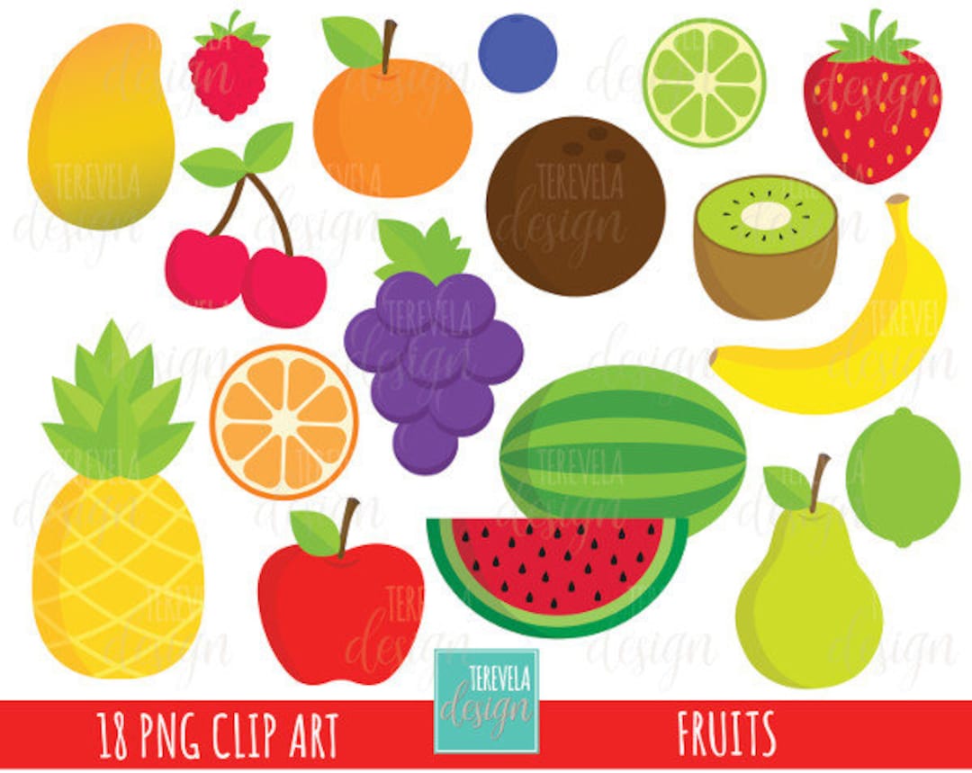 FRUIT Clipart, Commercial Use, Cute Clipart, Apple, Banana, Cherry ...