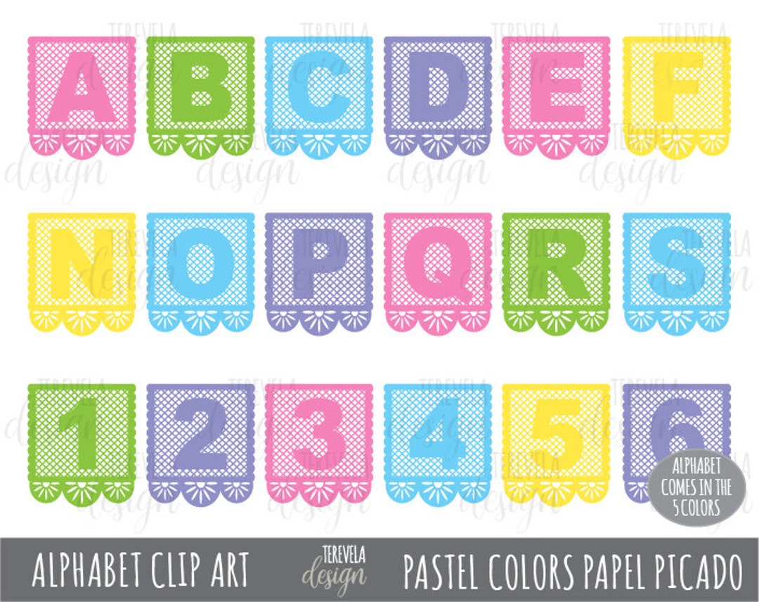 Alphabet Clip Art, PAPEL PICADO Clipart, Banner, Uso Comercial, Colores ...