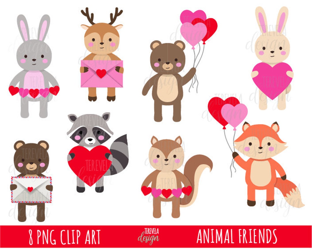 ANIMAL FRIENDS Clipart, Valentine's Day Clipart, Kawaii Clipart ...