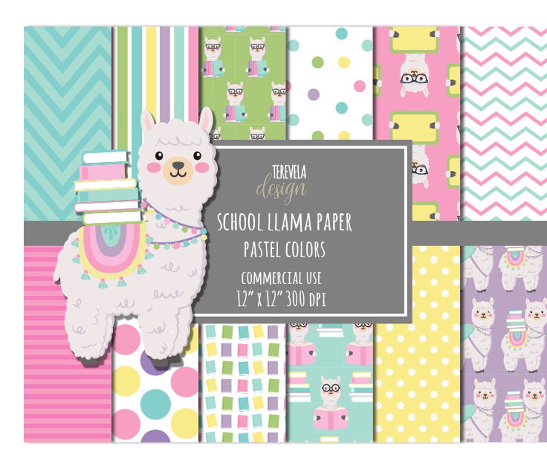 SCHOOL LLAMAS Paper Set, Pastel Colors, Commercial Use, Alpaca Paper ...