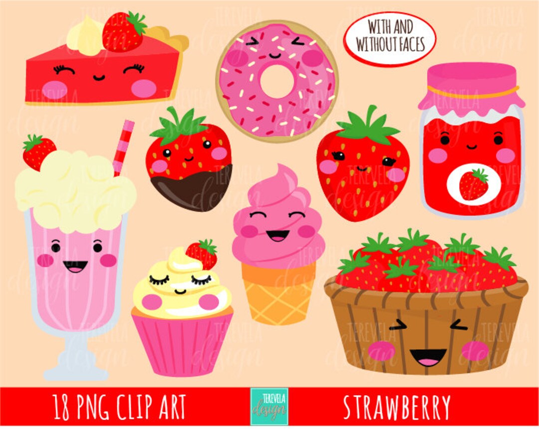 Strawberry Clipart, Kawaii FRUIT Clipart, Commercial Use, Strawberries ...