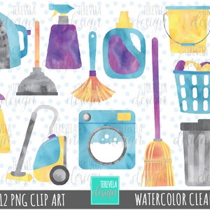 WATERCOLOR CLEANING Clipart, Commercial Use, Laundry Clipart, Clean up ...