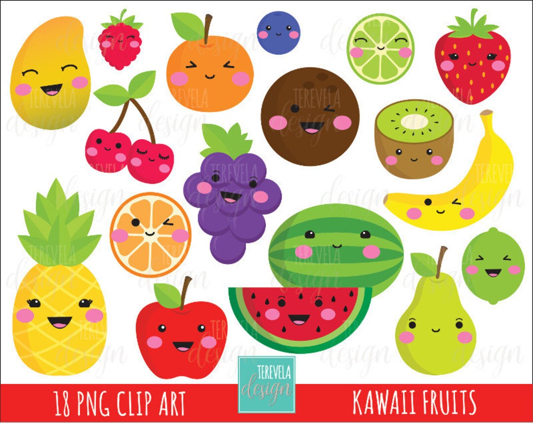 Kawaii FRUIT Clipart, Commercial Use, Cute Clipart, Apple/banana/cherry ...