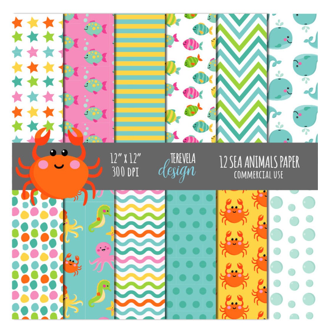 SEA ANIMALS Paper, Digital Paper, Commercial Use, Whale, Scrapbook ...