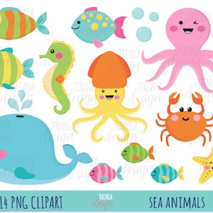 SEA ANIMALS Clipart, Summer Clipart, Commercial Use, Fish, Octopus ...