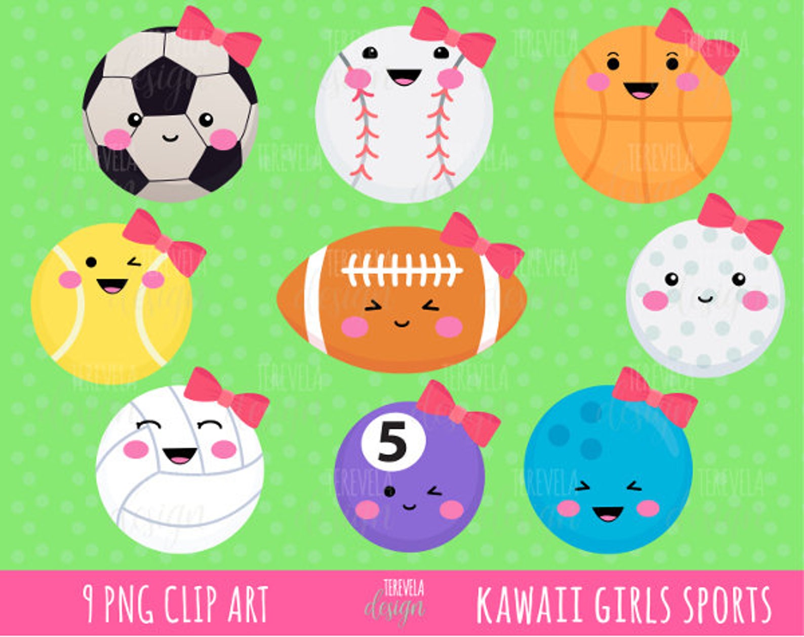 GIRLS SPORTS Clipart Sports Balls Clipart Kawaii Sports - Etsy