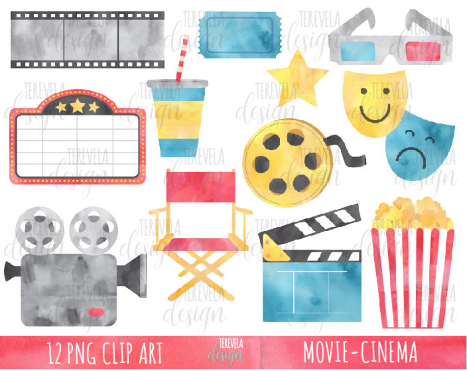 WATERCOLOR MOVIE Clipart Movie Night Clipart Commercial Use - Etsy