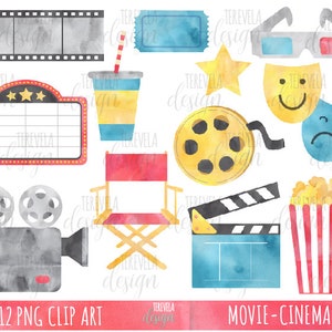 WATERCOLOR MOVIE Clipart, Movie Night Clipart, Commercial Use, Theather ...