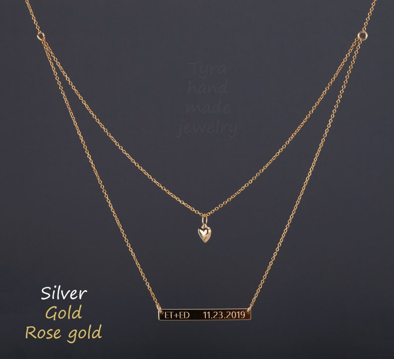 Personalized Tiny Heart Love Bar Necklacedouble Layered - Etsy