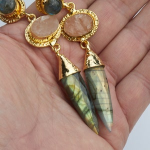 Three Tier Labradorite Earring With Pink Stone Middle Button ...