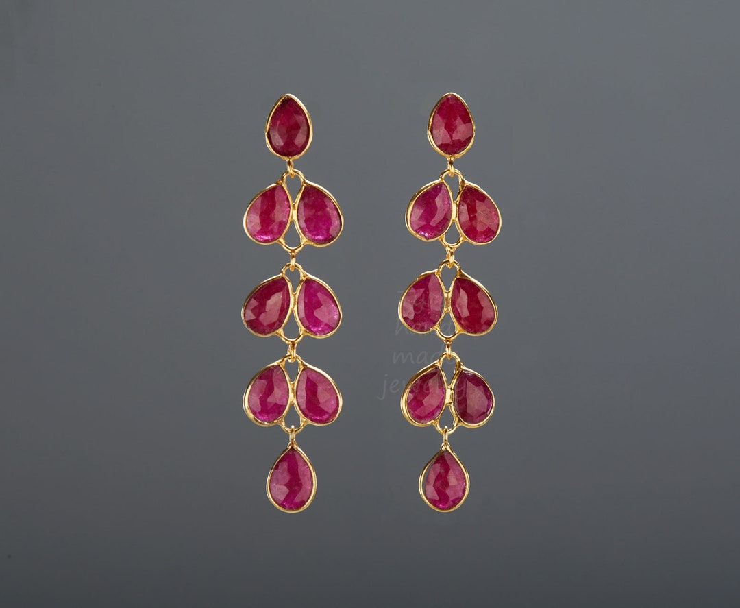Five Tier Ruby Earring,long Dangle Ruby Earring,ruby Leaflet String,red ...
