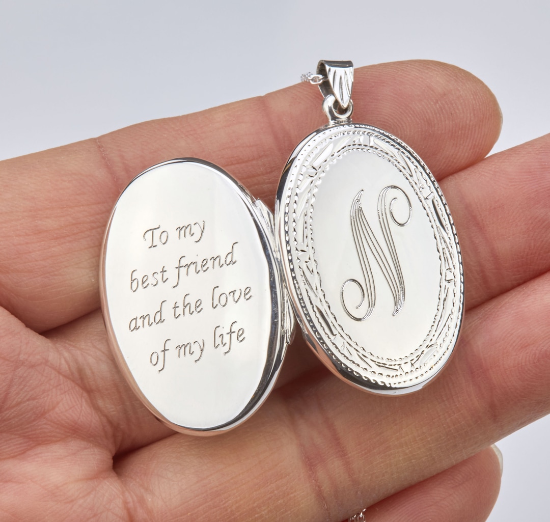 Large Engraved Oval Sterling Silver Locket With Photo,etched Decorative ...