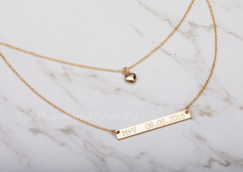 Personalized Tiny Heart Love Bar Necklacedouble Layered - Etsy