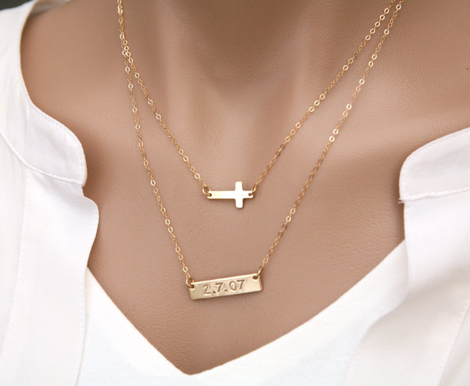 Personalized double layer cross Bar necklaceInitial Bar | Etsy