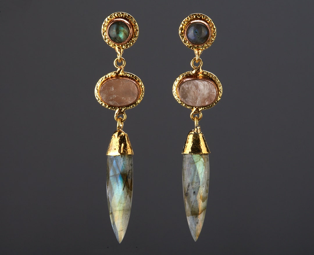 Three Tier Labradorite Earring With Pink Stone Middle Button ...