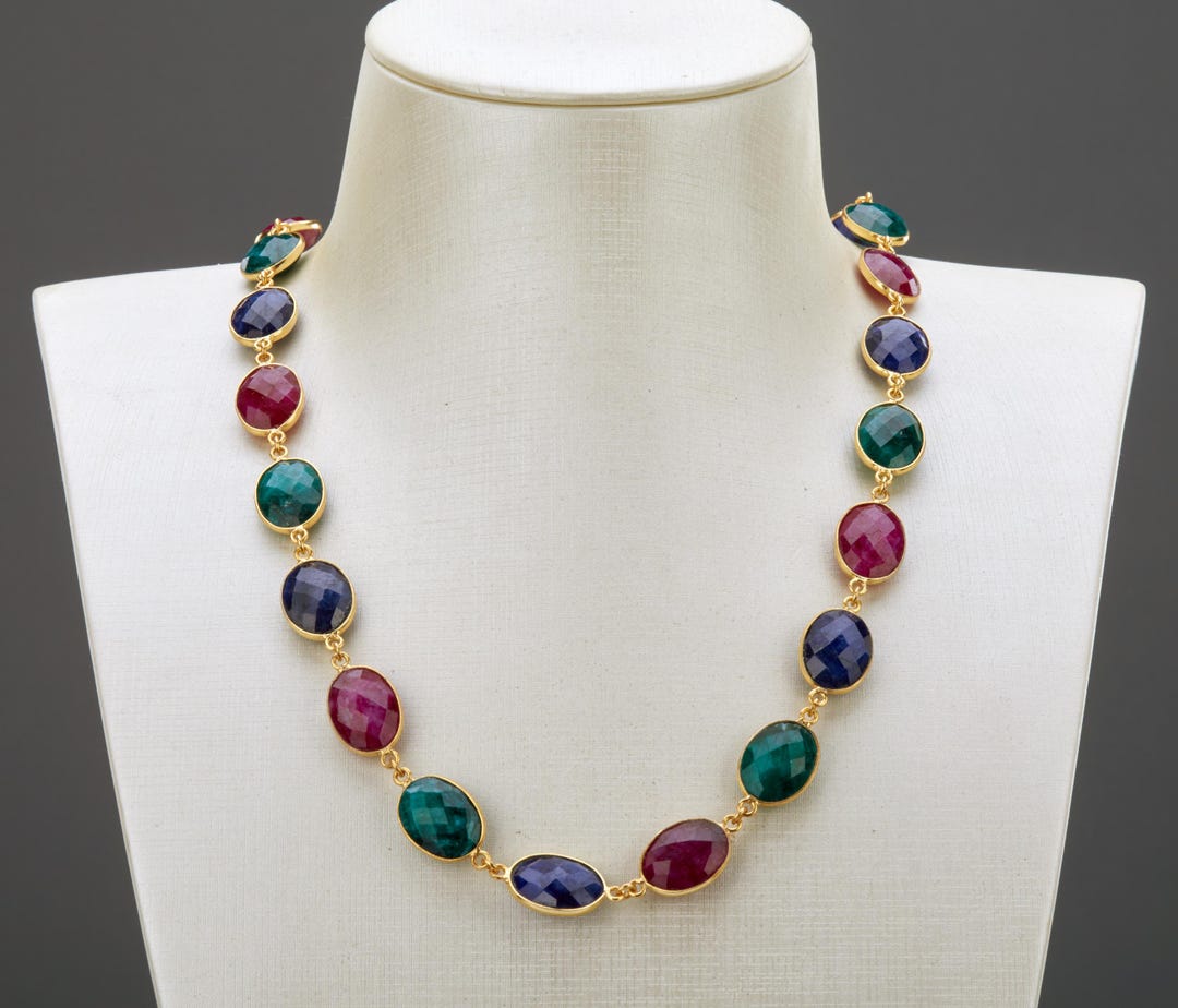 Large Mixed Oval Stone Connector Chain Necklace,emerald, Ruby,sapphire ...