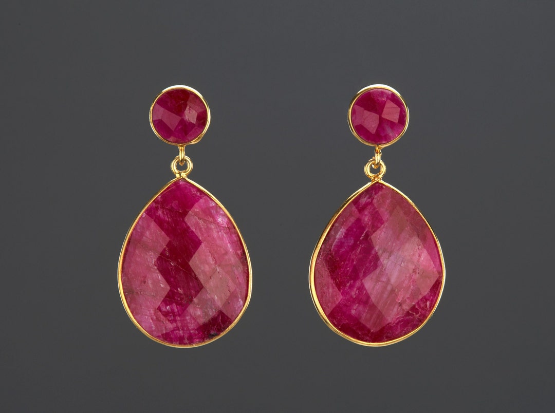Large Ruby Earrings in Gold,two Gemstone Earring,teardrop Earrings ...