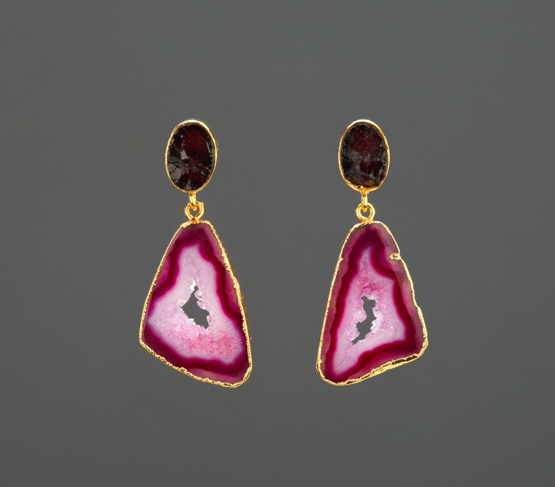 Two Tier Pink Quartz Geode Earring,sliced Nature Pink Quartz Earring ...