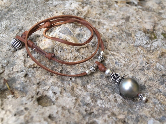 Grosse Perle de Tahiti Perles de Bali argent 925 cuir - Etsy France
