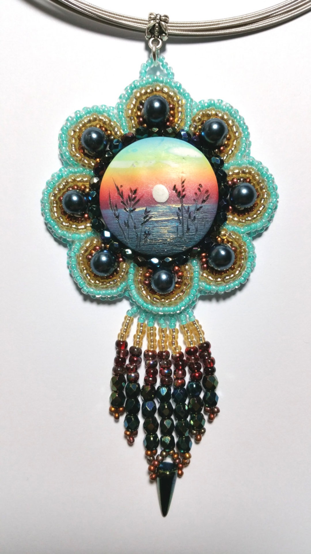 Beaded Pendant sunset at the Lake - Etsy