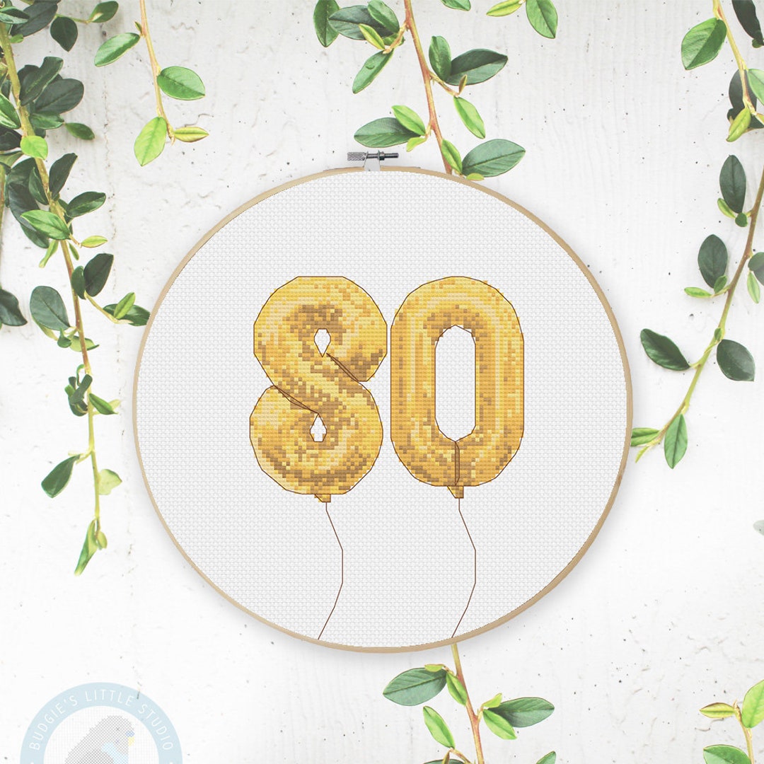 80th Number Balloons Happy Birthday Typography Cross Stitch Pattern ...