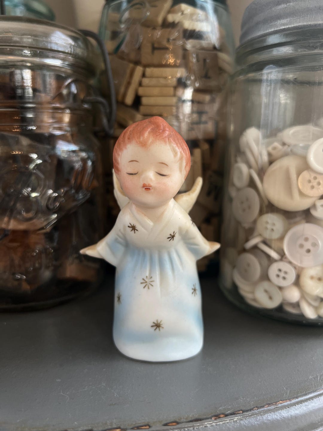 Schmid Bros Kissing Girl Angel Figurine Lt Blue Gold Stars Dress Made ...
