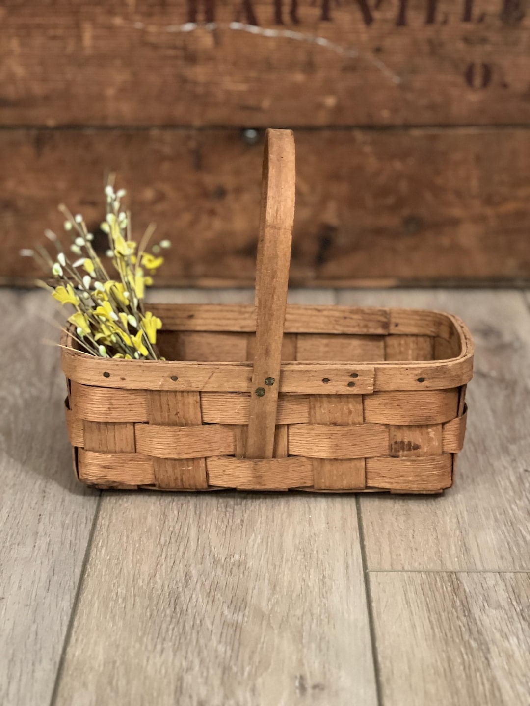 Vintage Split Wood Basket Farmhouse Small Rectangle Basket Bentwood ...