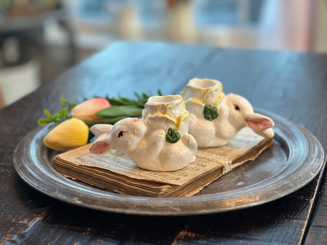 Vintage White Bunny Rabbit Cabbage Candle Holders Pair - Etsy