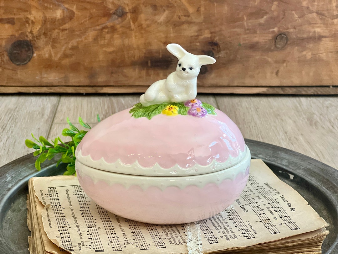 Vintage Ceramic Easter Egg Shaped Covered Trinket Dish With Bunny ...