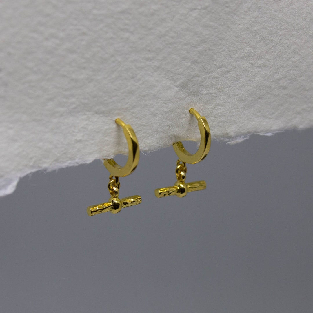 Gold T Bar Hoop Earrings, Hammered Gold Bar Hoops, Huggie Hoops ...