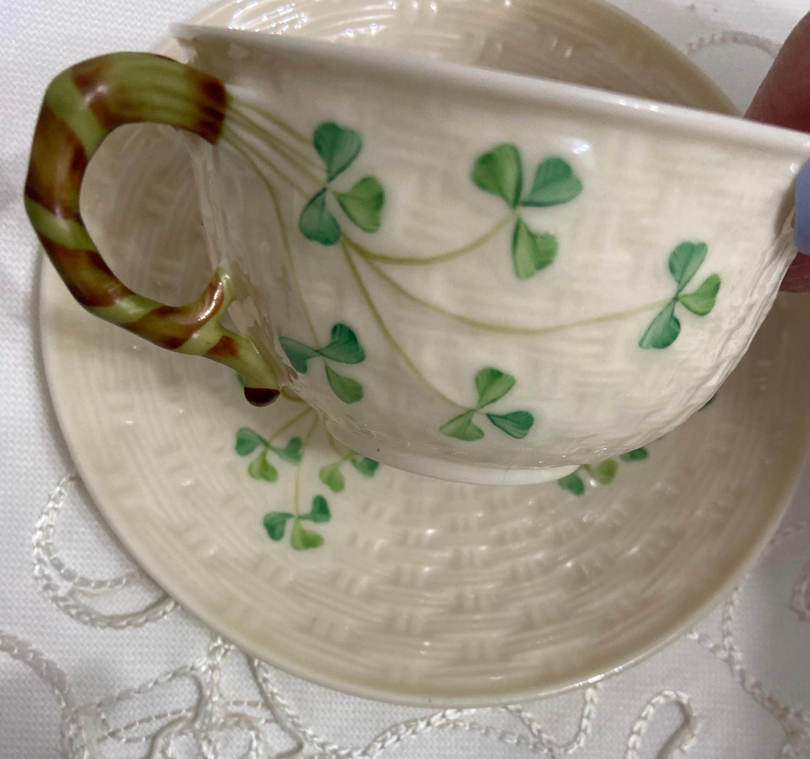 Vintage Genuine Belleek Cup & Saucer Set, Shamrock Clover Pattern ...