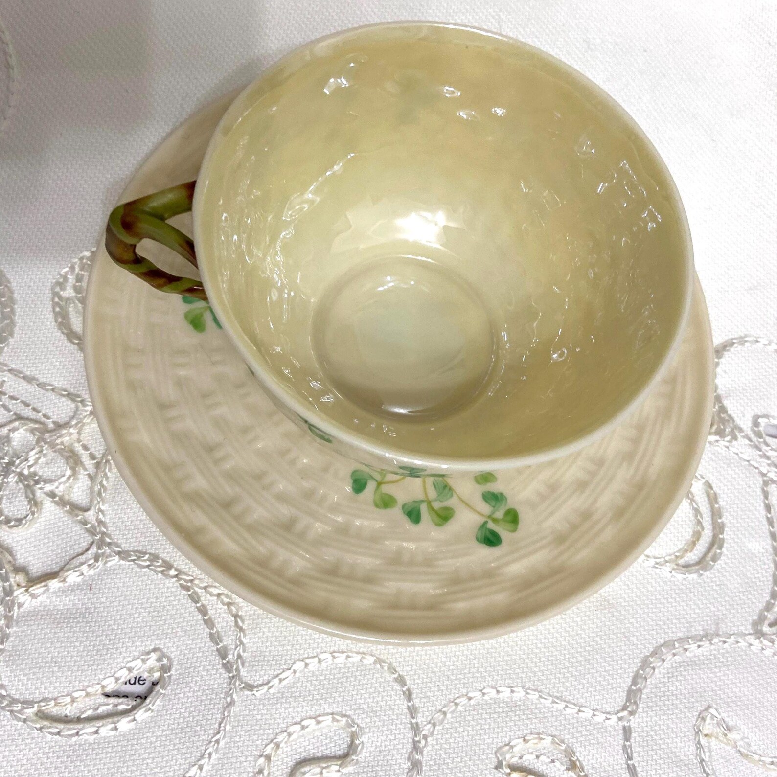 Vintage Genuine Belleek Cup & Saucer Set, Shamrock Clover Pattern ...