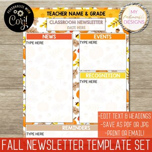 Editable Fall Newsletter Template Set 5 Designs 8.5x11 Template Corjl ...