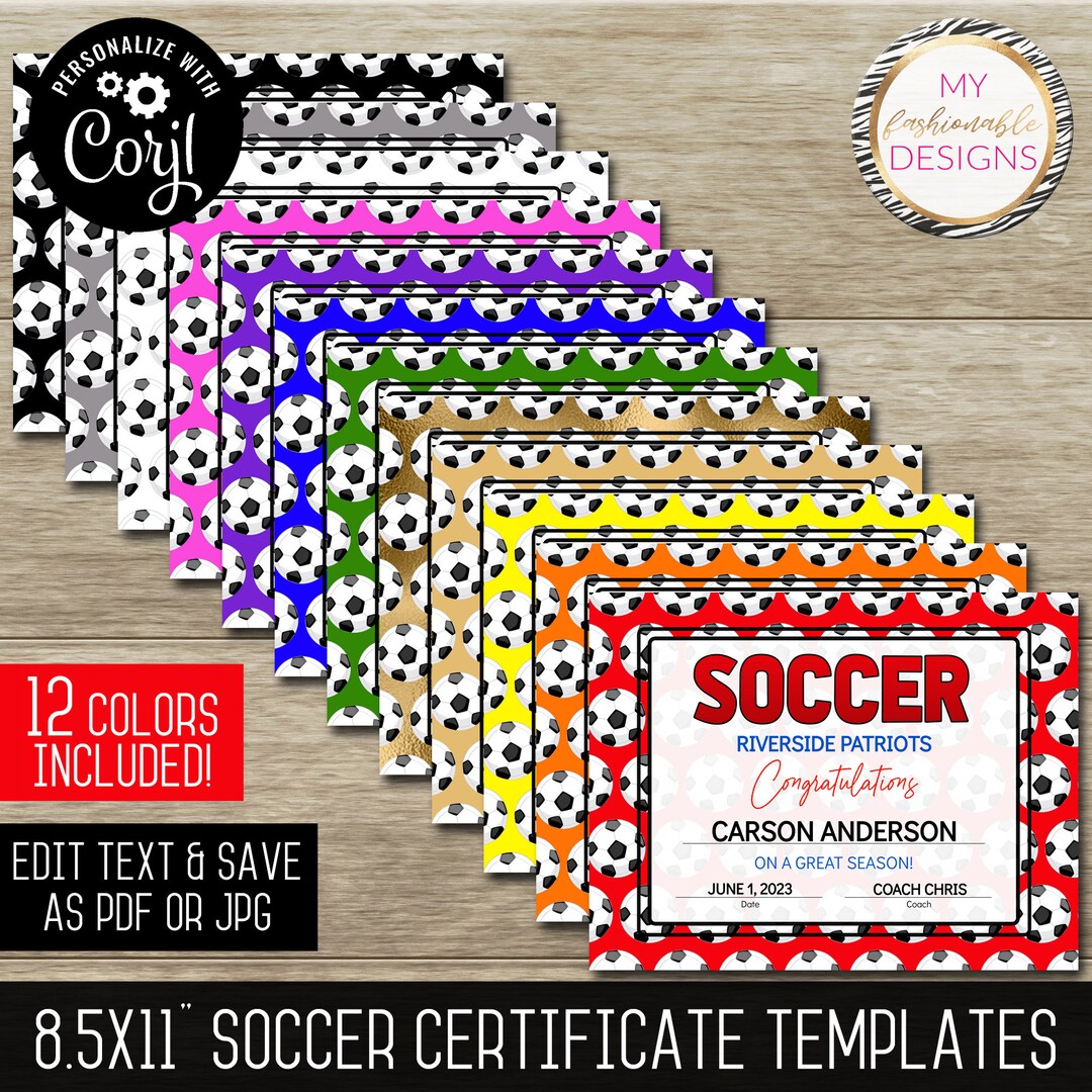 Soccer Certificate Set - 8.5x11" - 12 Colors! - Edit Text - Save as JPG ...