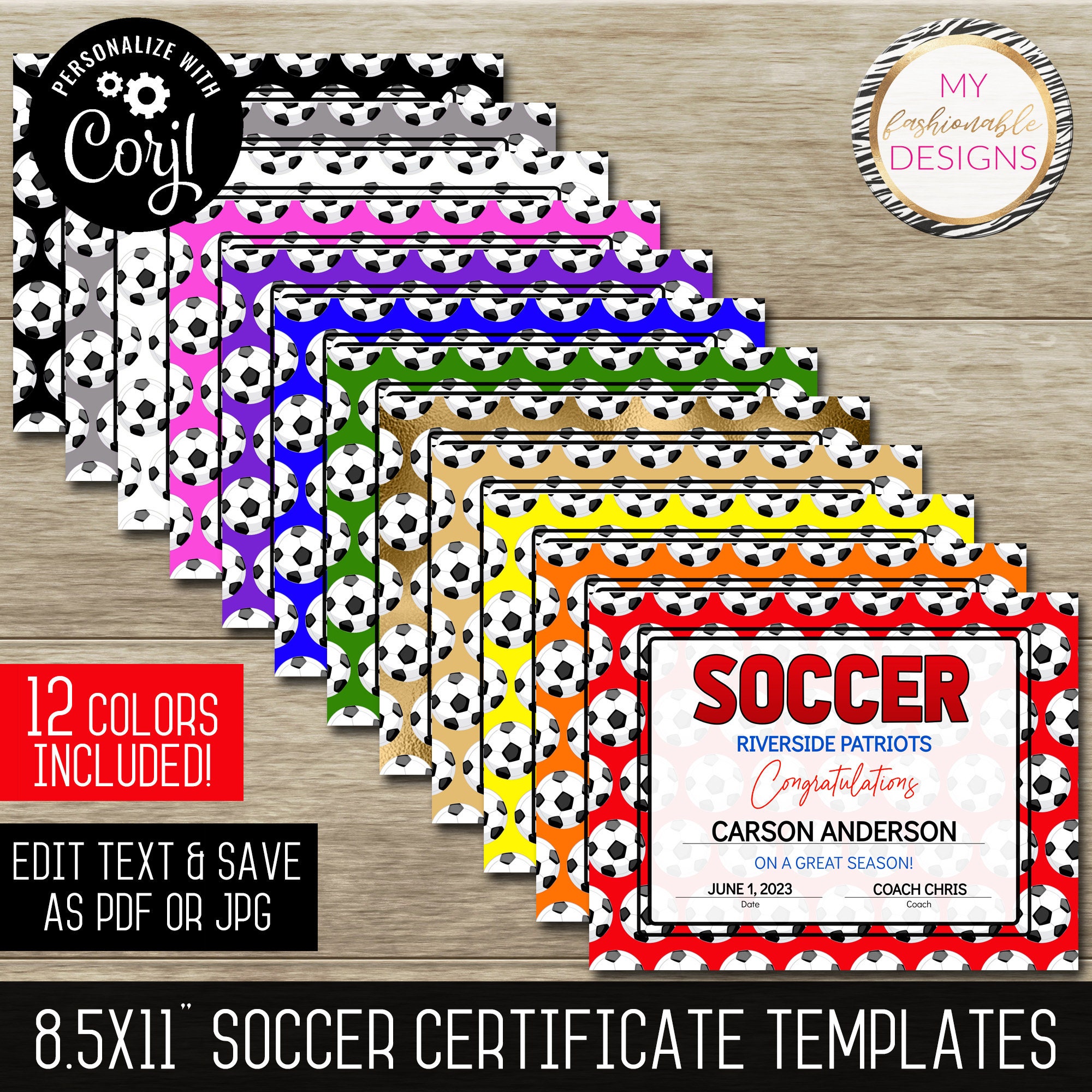 Soccer Certificate Set 8.5x11 12 Colors Edit Text - Etsy