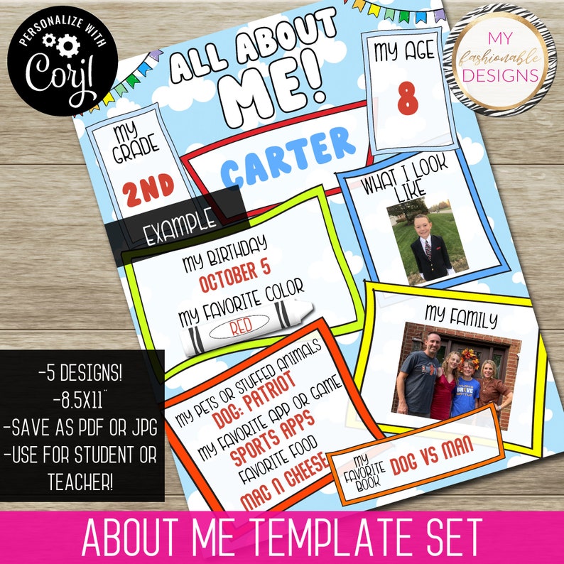 Student or Teacher About Me Template - 8.5x11" - Save as JPG or PDF ...