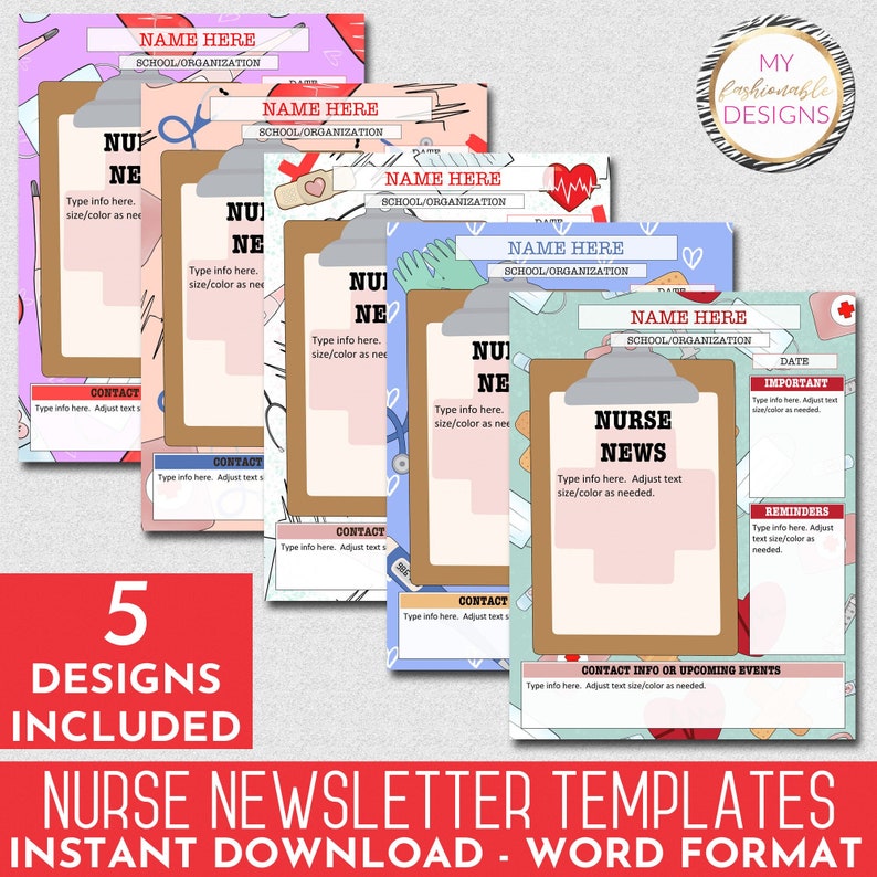 Nurse Newsletter Templates, 5 Designs Included, Word Format, Instant ...
