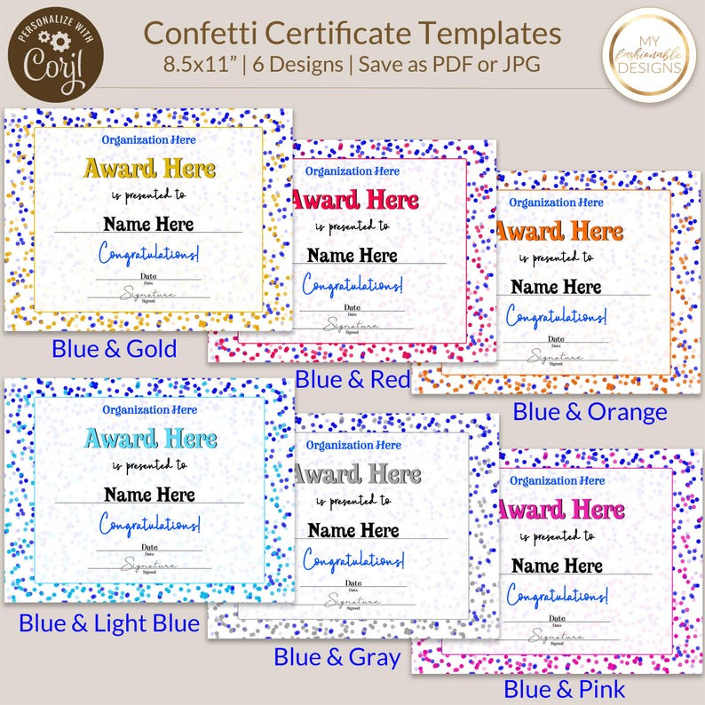 Blue Confetti Certificate Template Set - 6 Design Templates! 8.5x11 ...