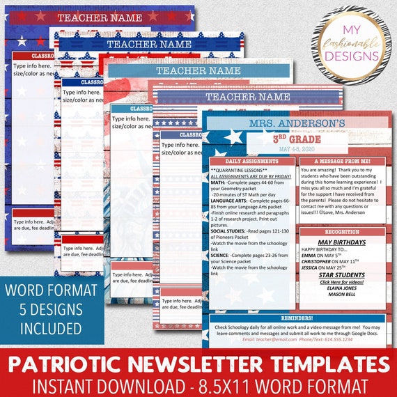 Word Format Patriotic Classroom Newsletter Templates 5 - Etsy