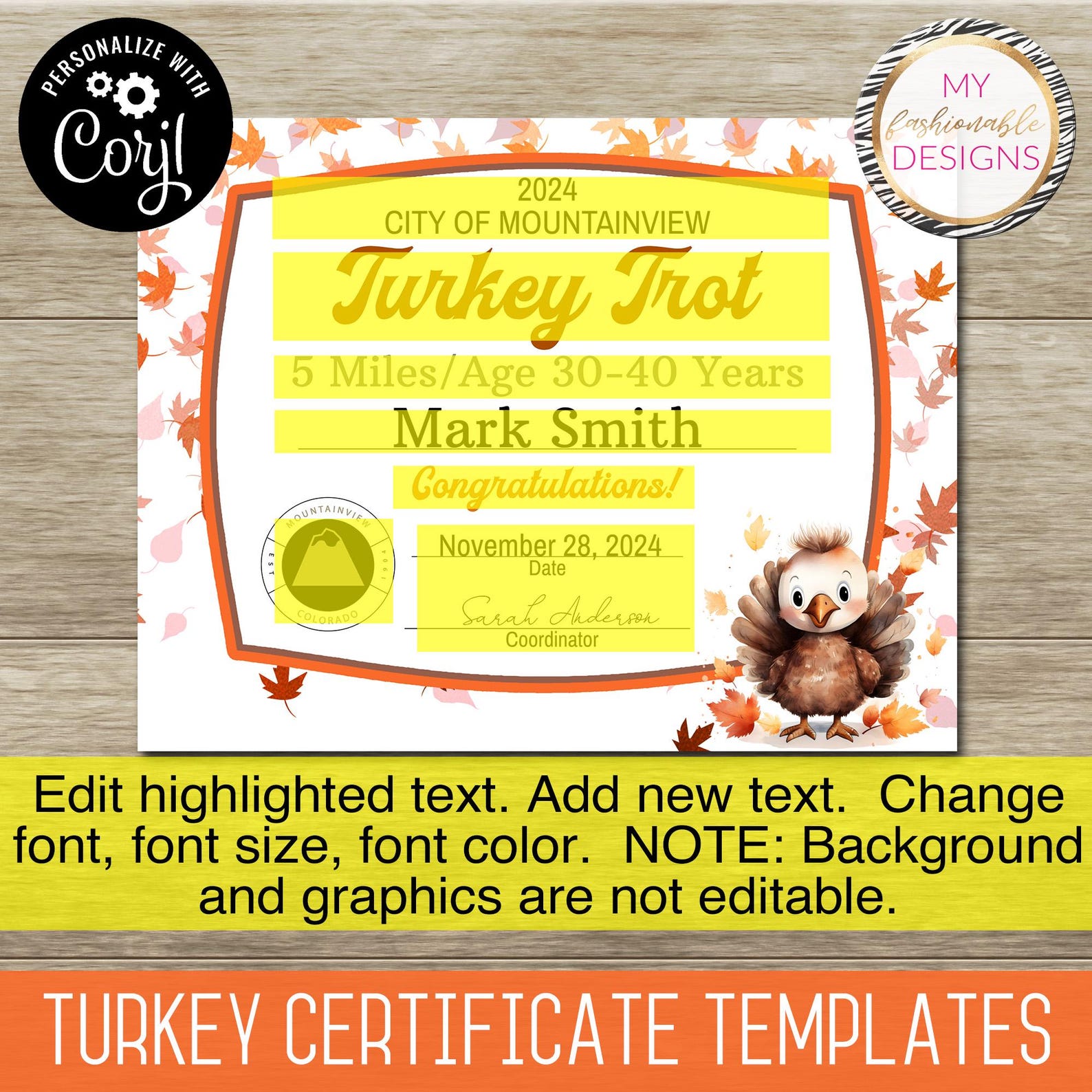 Turkey Certificate Template Set - 5 Design Templates! 8.5x11" - Save as ...
