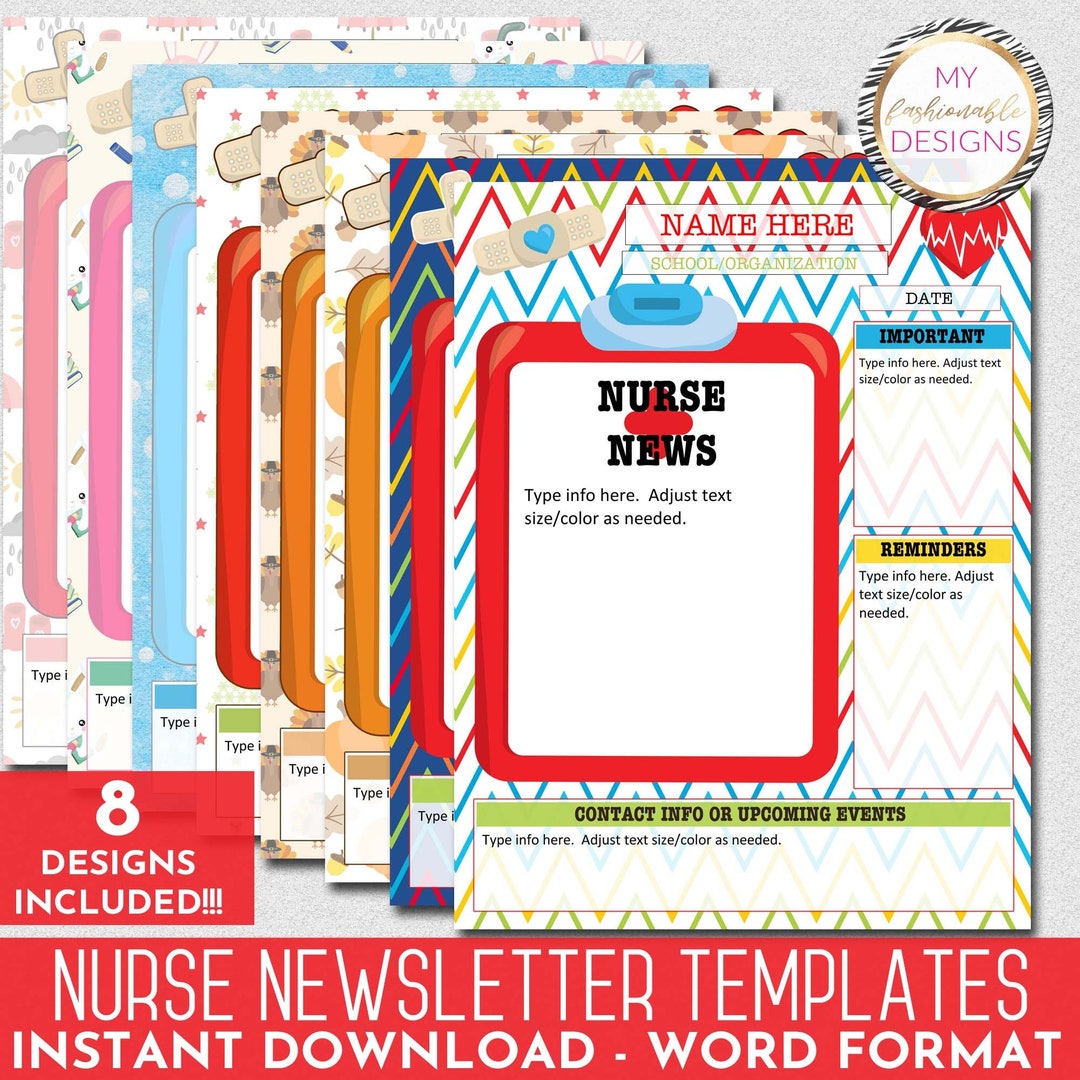 Nurse Newsletter Templates, 8 Designs Included, Word Format, Instant ...