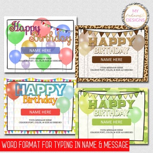 Happy Birthday Certificate Set, 8.5x11" Word Format, Instant Download ...